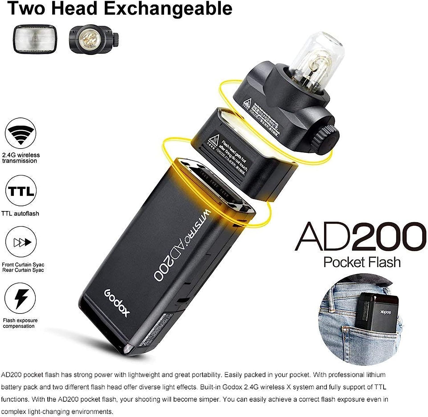 Flash Godox AD200, luz flash de bolsillo de 200W, 2.4G TTL 1/8000 HSS